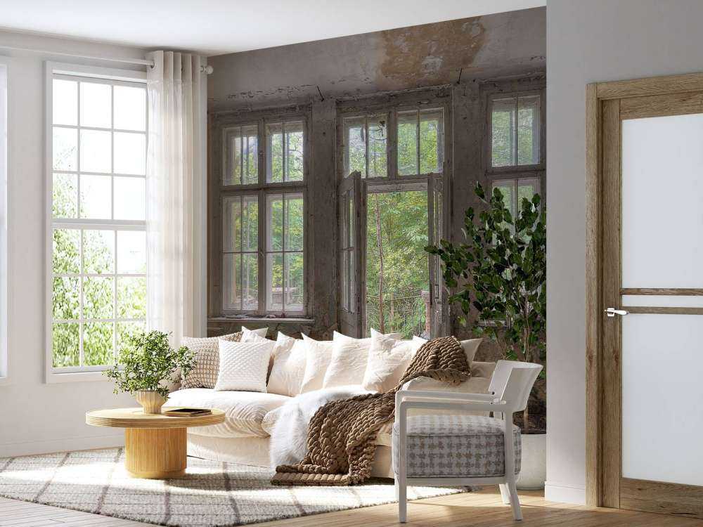 Fotobehang - Verweerde kamer met boszicht - Fotobehang