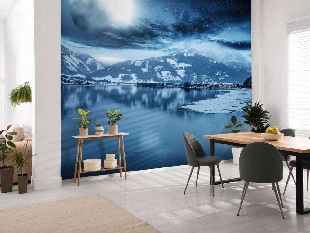 Bevroren meer in de nacht - Fotobehang