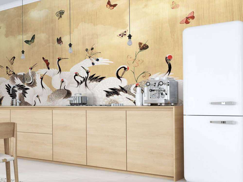 Fotobehang - Golden Dance of Cranes - Fotobehang