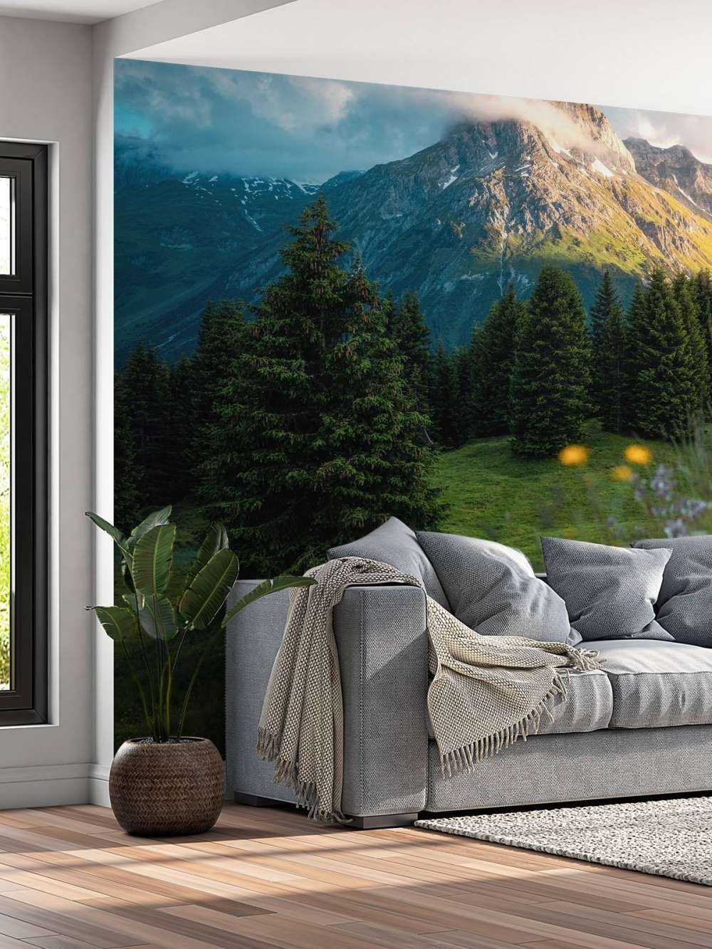 Fotobehang - Bergweide in ochtendnevel - Fotobehang