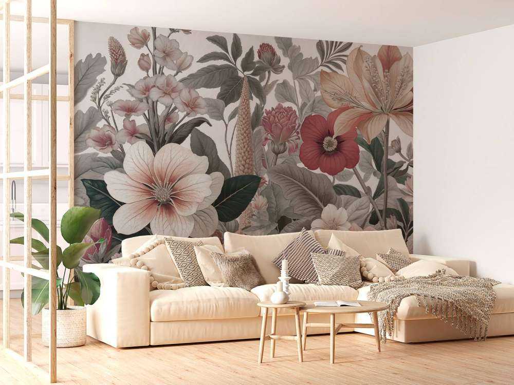 Fotobehang - Artistieke bloemen in zachte aardetinten - Fotobehang
