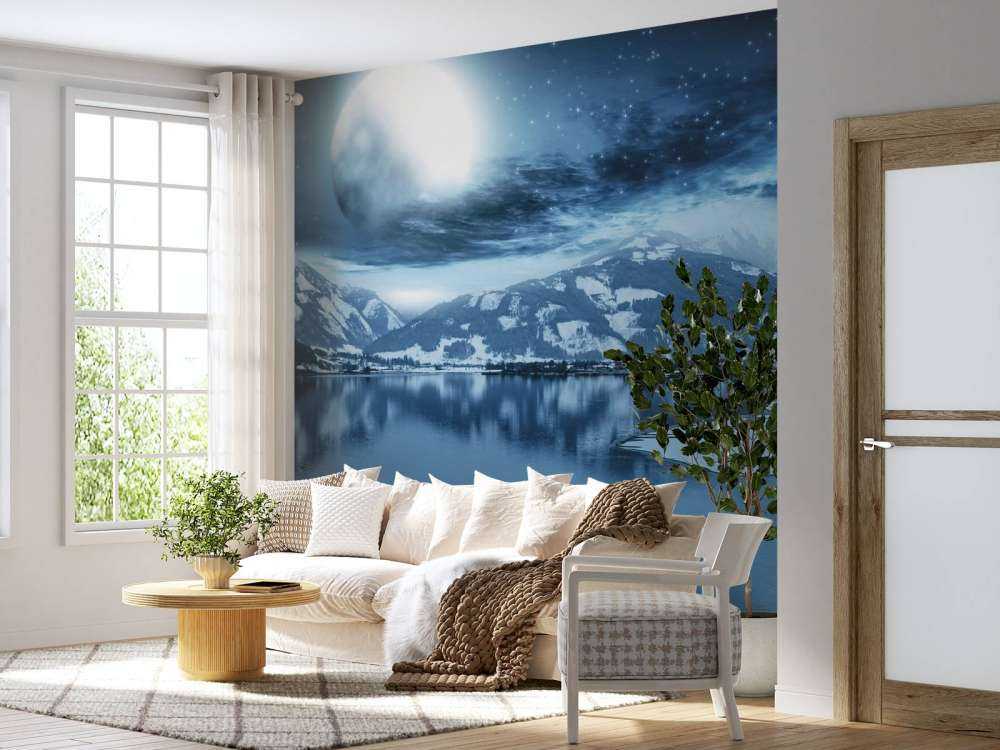 Bevroren meer in de nacht - Fotobehang