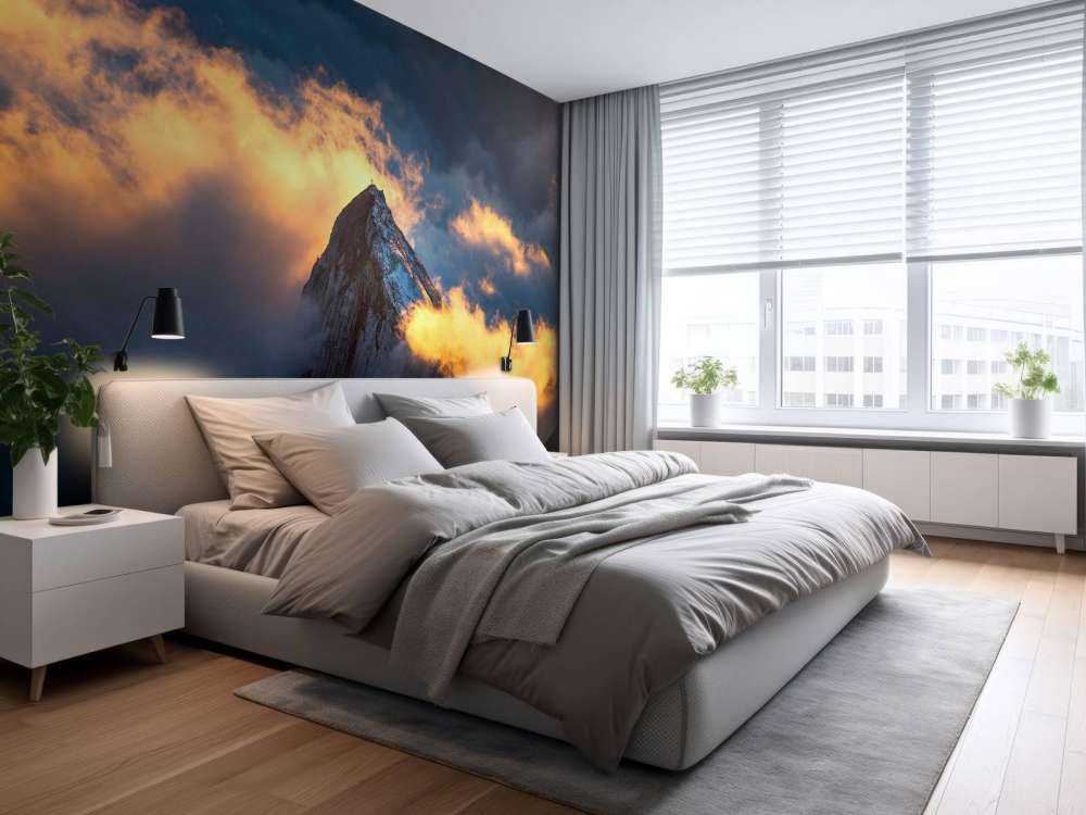 Fotobehang - Bergtop in vurige wolkenzee - Fotobehang