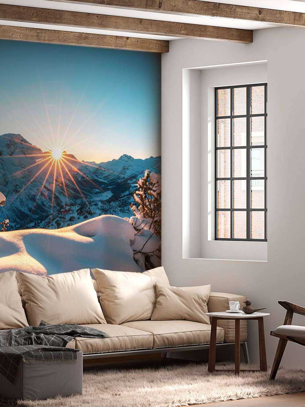 Fotobehang - Ochtendzon over besneeuwd dal - Fotobehang