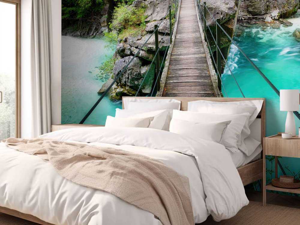 Brug over prachtig blauwe rivier - Fotobehang