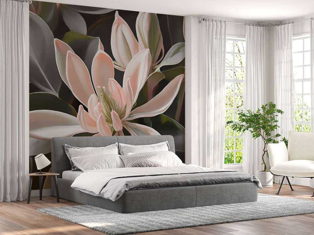 Fotobehang - Zachte magnoliabloemen op donker - Fotobehang