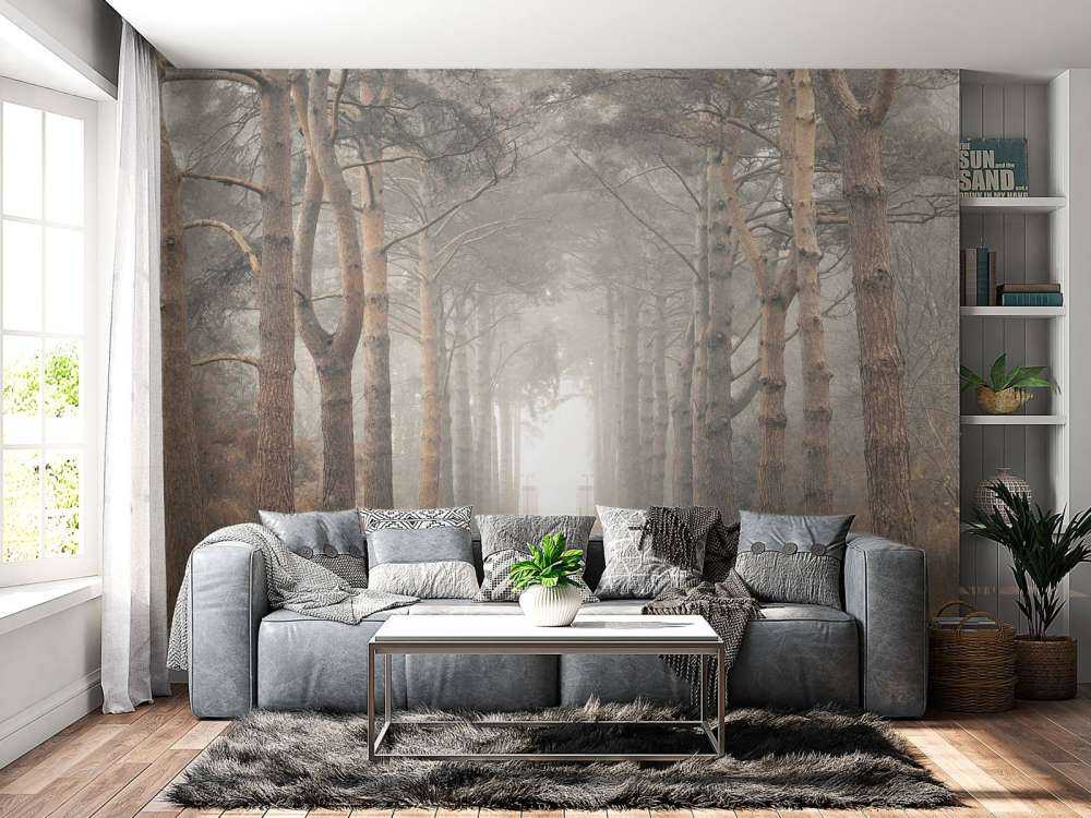 Bos in de mist - Fotobehang