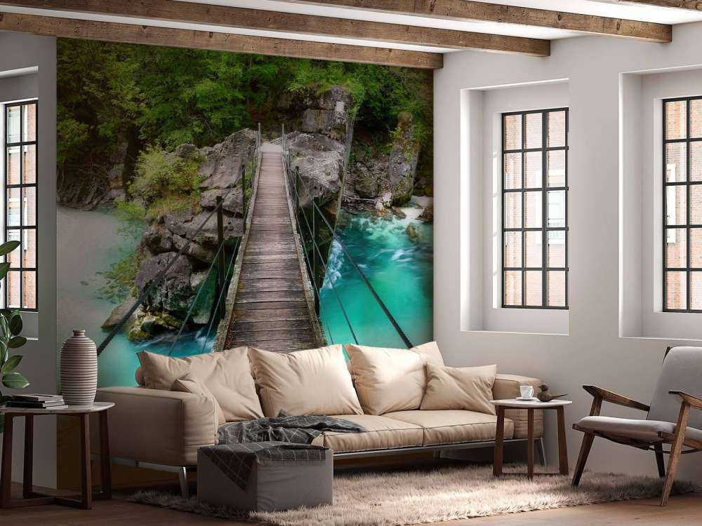 Brug over prachtig blauwe rivier - Fotobehang