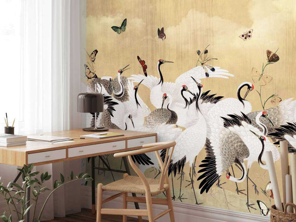 Fotobehang - Golden Dance of Cranes - Fotobehang