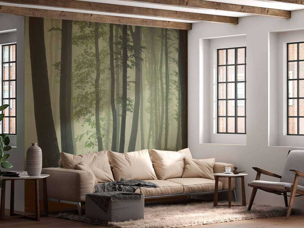 Mist in groen bos - Fotobehang