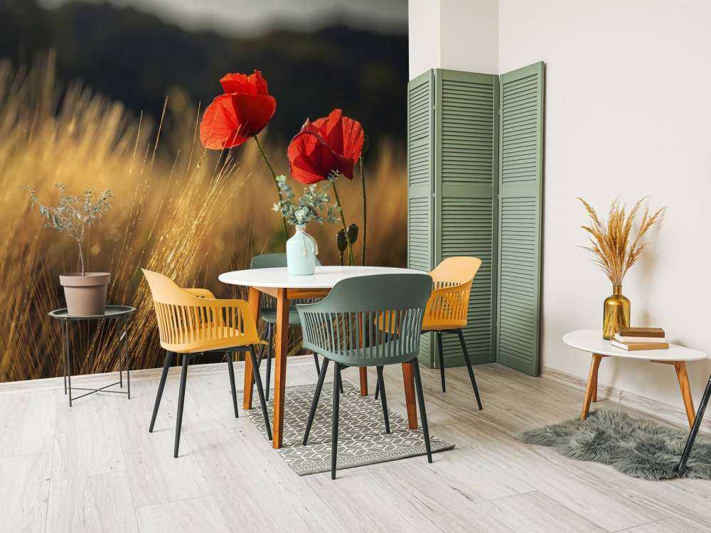 Klaprozen in een tarweveld - Fotobehang