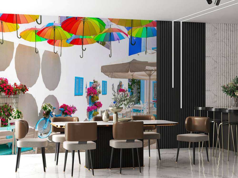 Vintage fiets bij een restaurant - Fotobehang