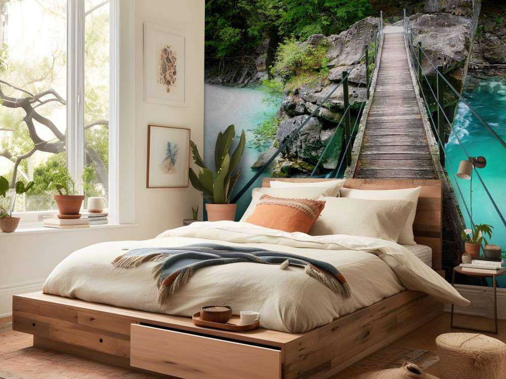 Brug over prachtig blauwe rivier - Fotobehang