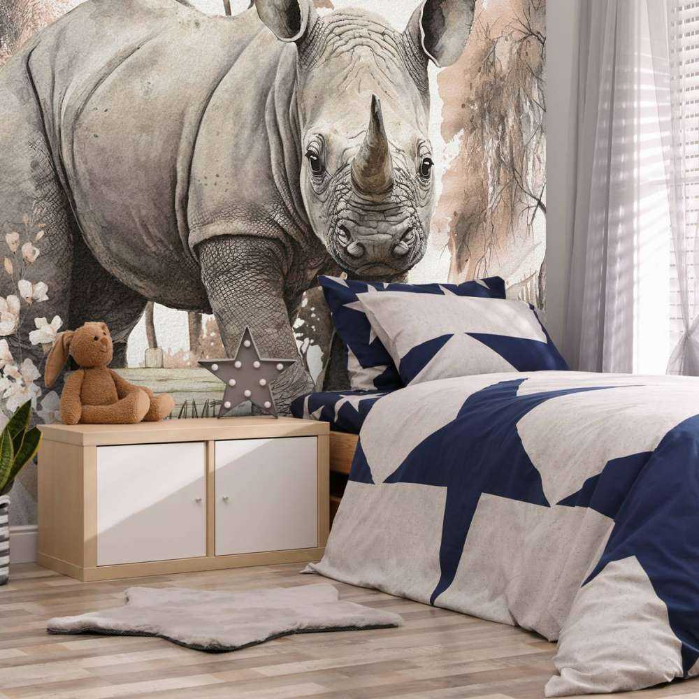 Baby neushoorn op de savanne taupe - Fotobehang