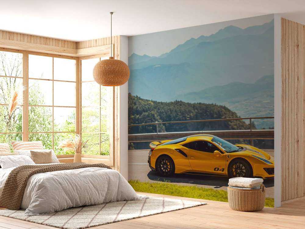 Fotobehang - Gele supercar in bergen - Fotobehang