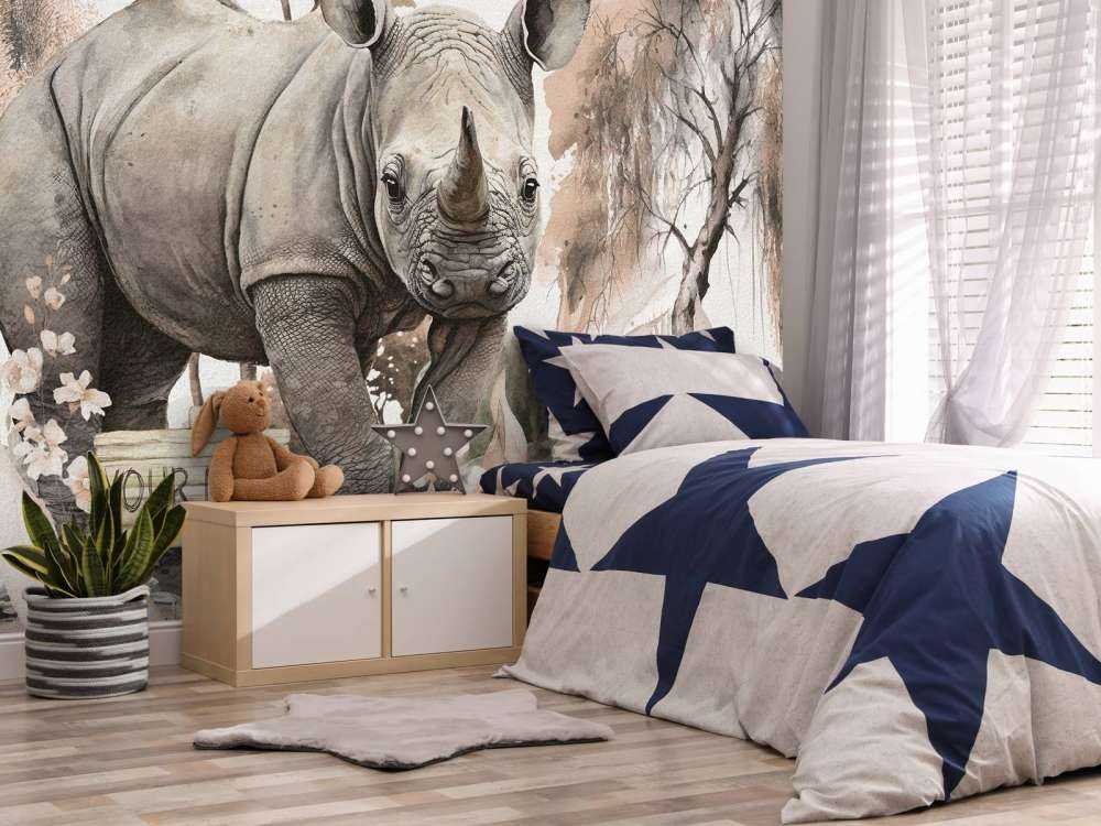 Baby neushoorn op de savanne taupe - Fotobehang