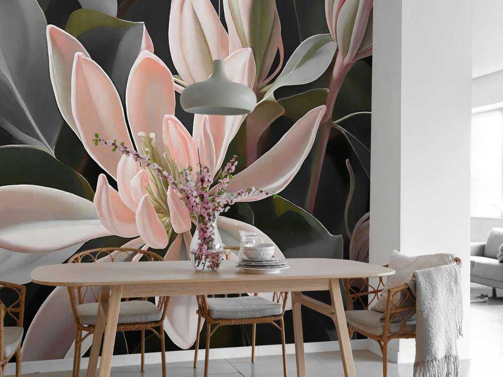 Fotobehang - Zachte magnoliabloemen op donker - Fotobehang