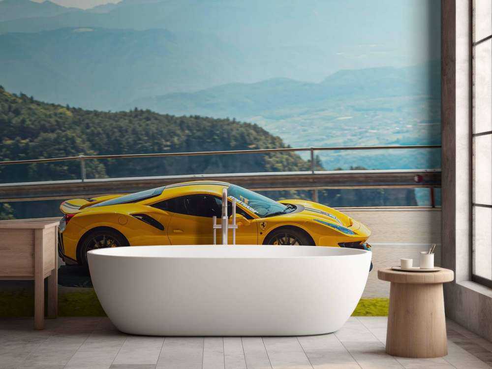 Fotobehang - Gele supercar in bergen - Fotobehang