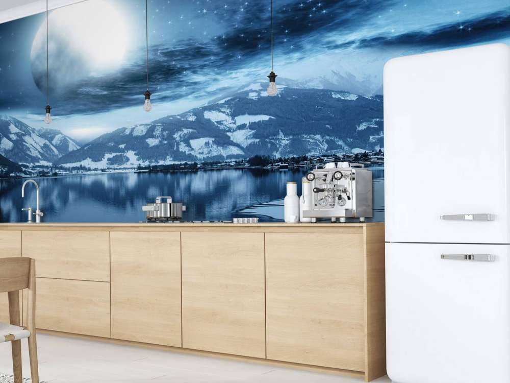 Bevroren meer in de nacht - Fotobehang