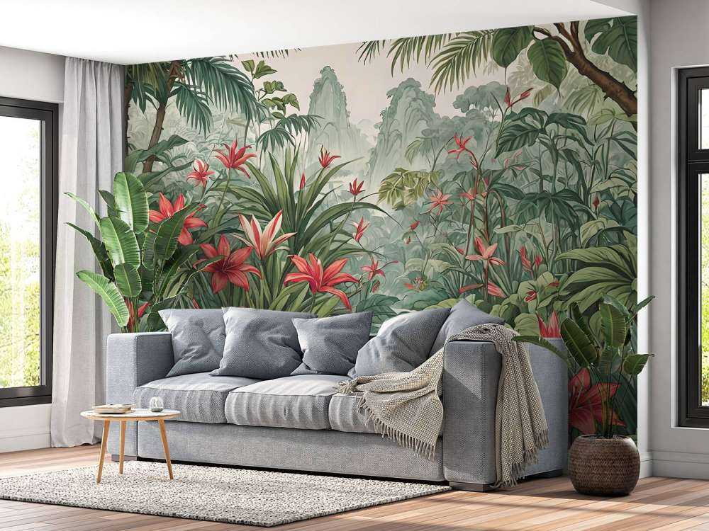 Fotobehang - Tropisch leliebos in ochtendmist - Fotobehang