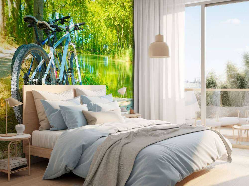 Fietsen bij rivier - Fotobehang