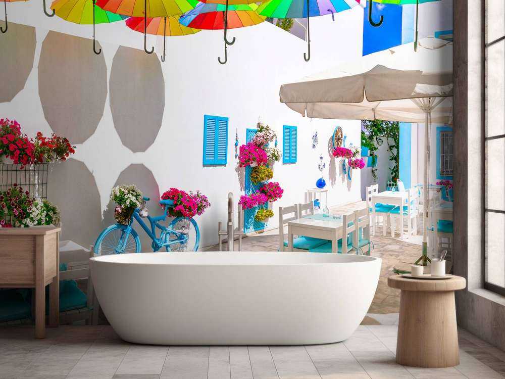 Vintage fiets bij een restaurant - Fotobehang