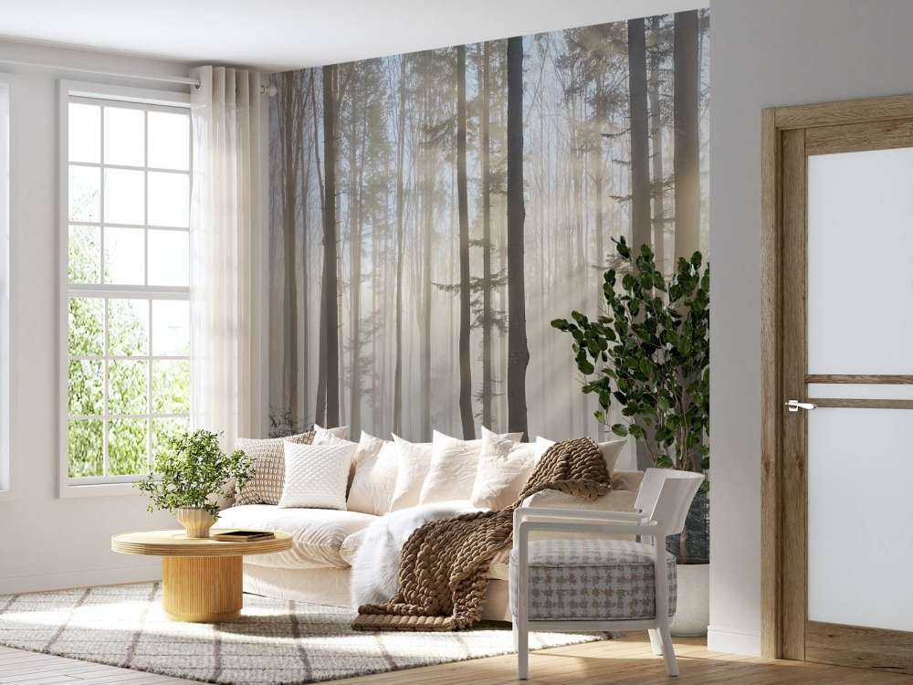 Behang met een mistig bos - Fotobehang