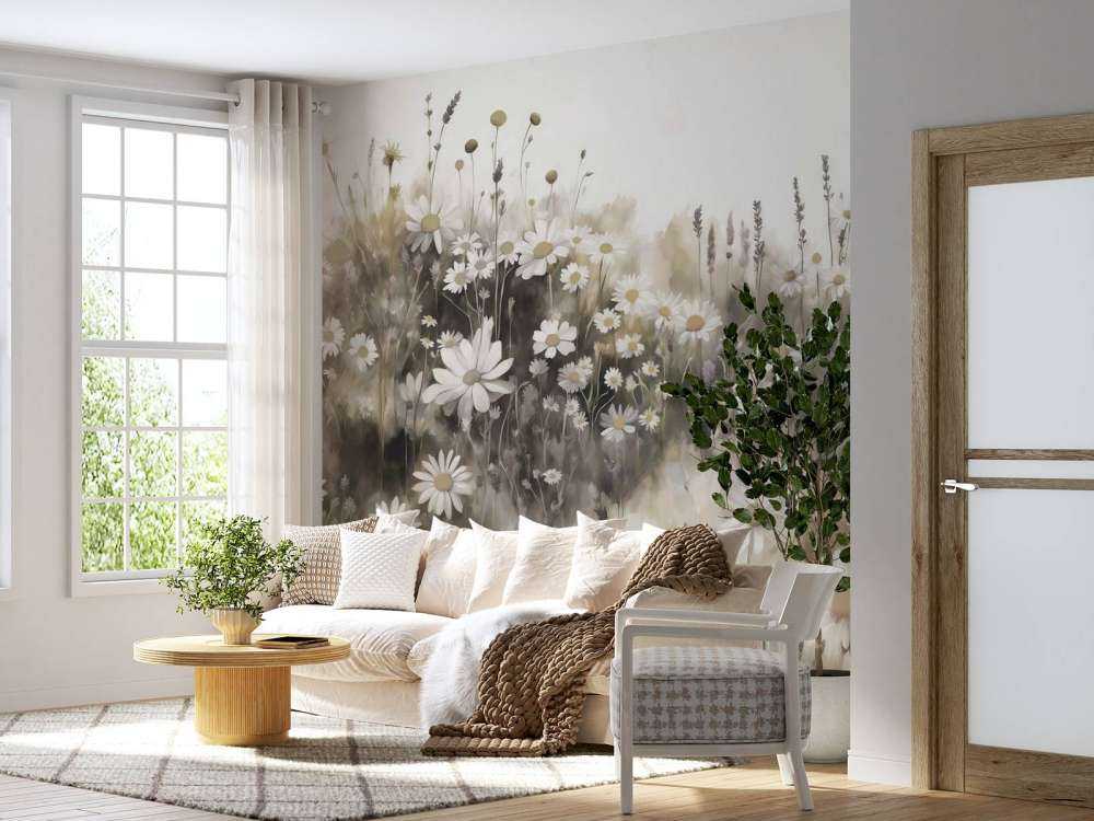 Fotobehang - Quiet Daisies Meadow Cream - Fotobehang