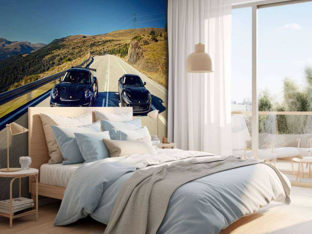 Fotobehang - Zwarte supercars in bergen - Fotobehang