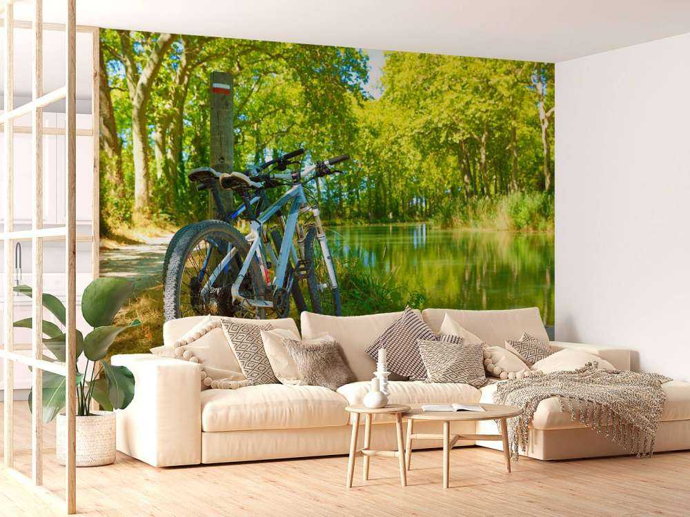 Fietsen bij rivier - Fotobehang