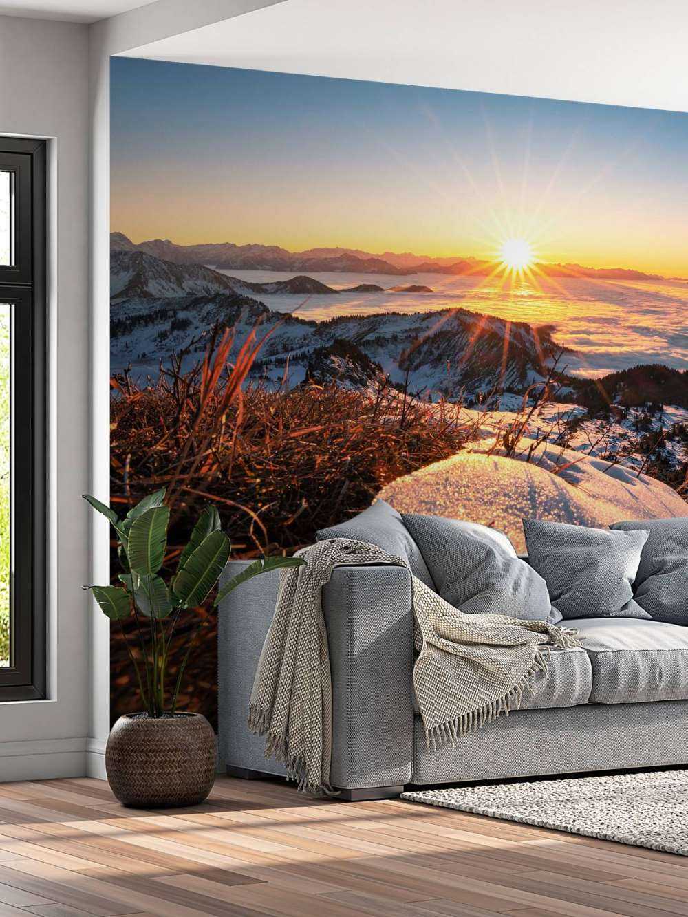 Fotobehang - Ochtendzon op glinsterende bergweide - Fotobehang