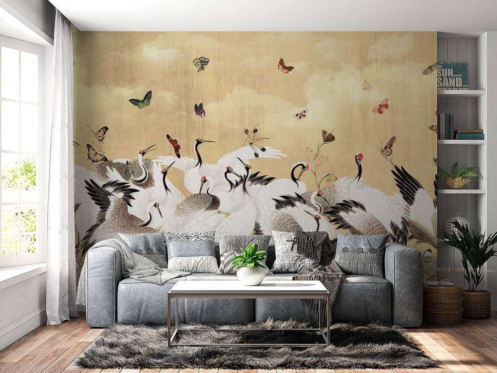 Fotobehang - Golden Dance of Cranes - Fotobehang