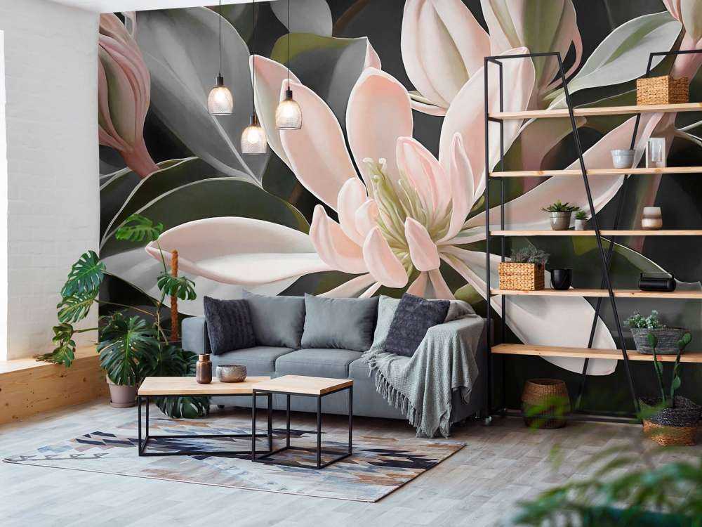 Fotobehang - Zachte magnoliabloemen op donker - Fotobehang