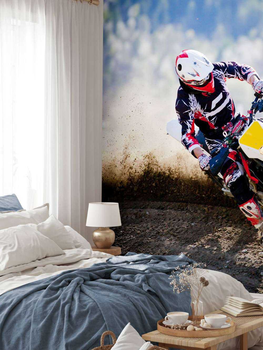 Crossmotor in de bocht - Fotobehang