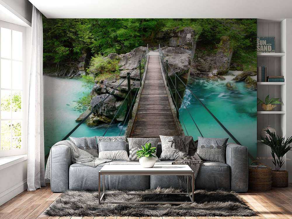 Brug over prachtig blauwe rivier - Fotobehang